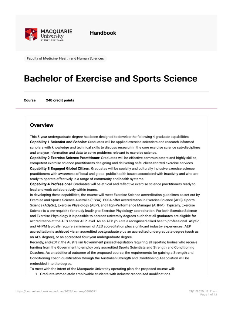 Bachelor of Exercise Science Overview | PDF | Science | Information