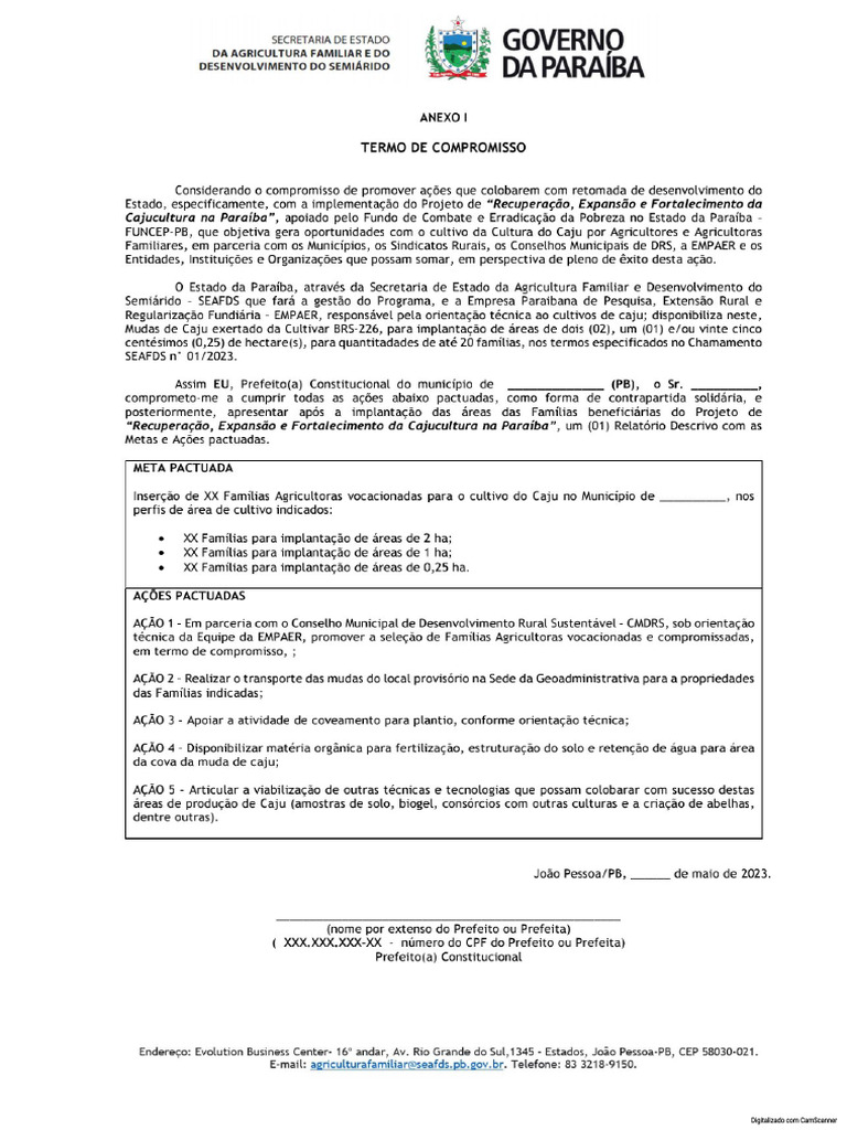 Edital n 01-2023 - Anexo i _ Termo de Compromisso Prefeitura _ Cajucultura | PDF