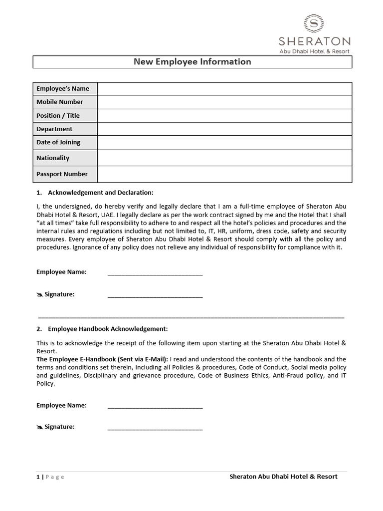 Sheraton Abu Dhabi - Welcome Acknowledgement - New Joiner | PDF ...