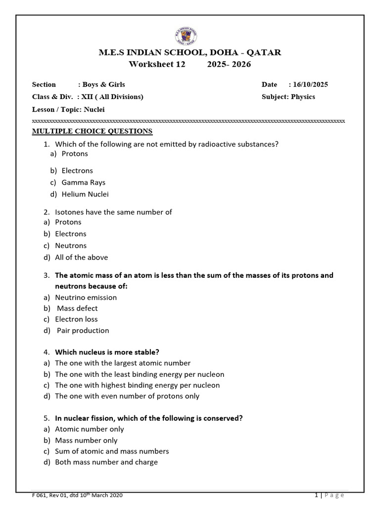 Nuclei Worksheet | PDF | Atomic Nucleus | Neutron