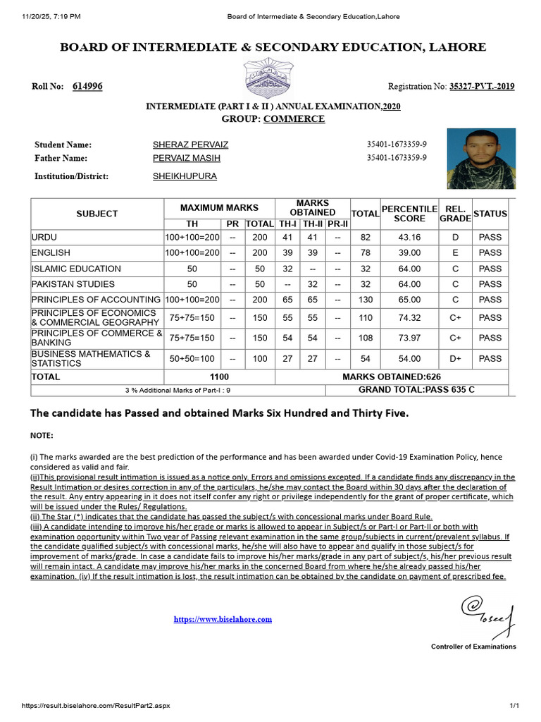 Lahore Intermediate Exam Result 2020 | PDF