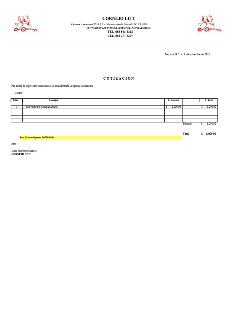 Cotización Servicio de Montacargas Mexicali | PDF