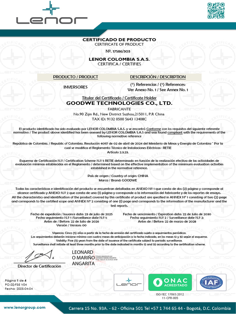 CERTIFICADO RETIE 2025 - INVERSORES | PDF