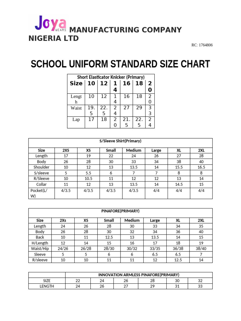 School Uniform Size Chart Nigeria | PDF | Blouse | Softlines (Retail)