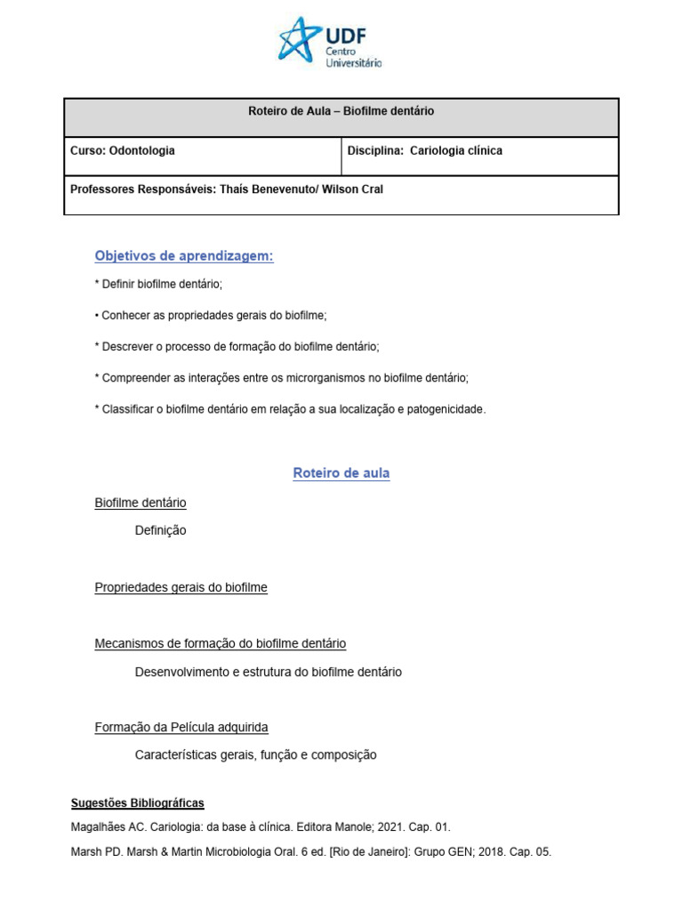 05 Roteiro de Aula - Biofilme Dentário 2025 (1) | PDF