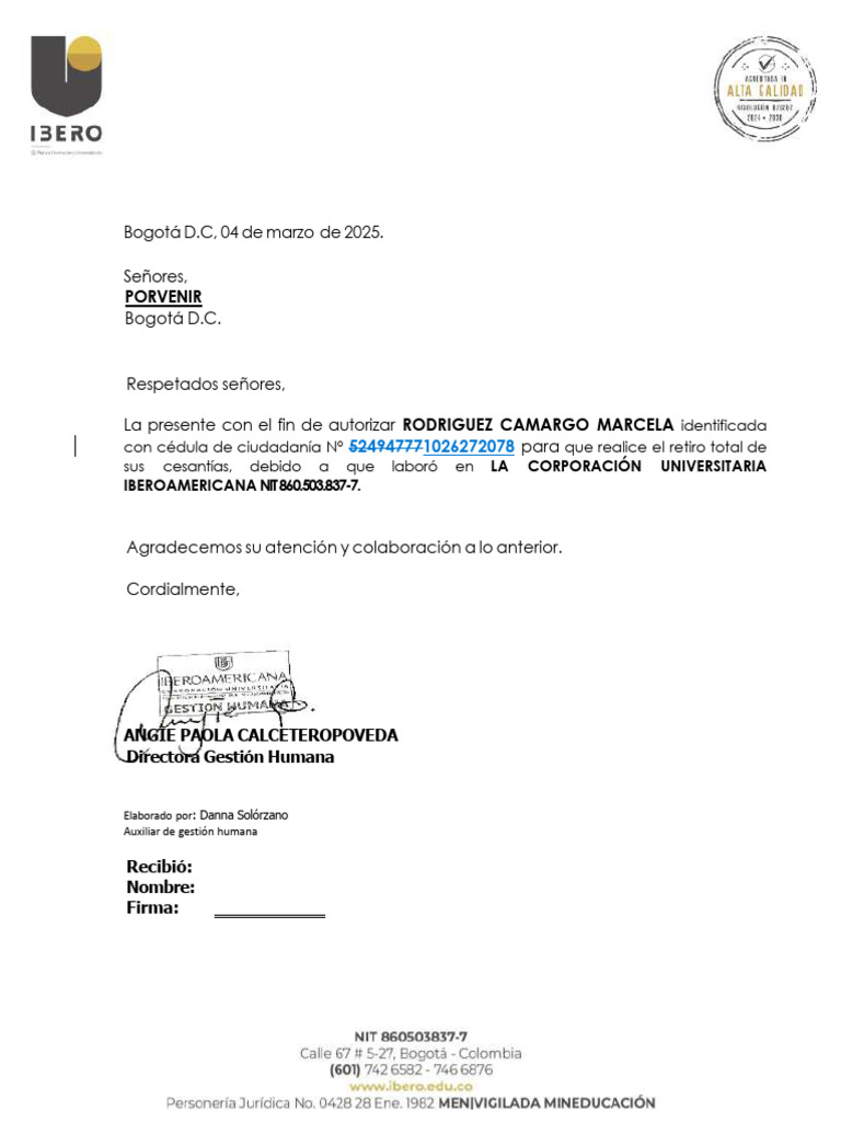 Carta Cesantias | PDF