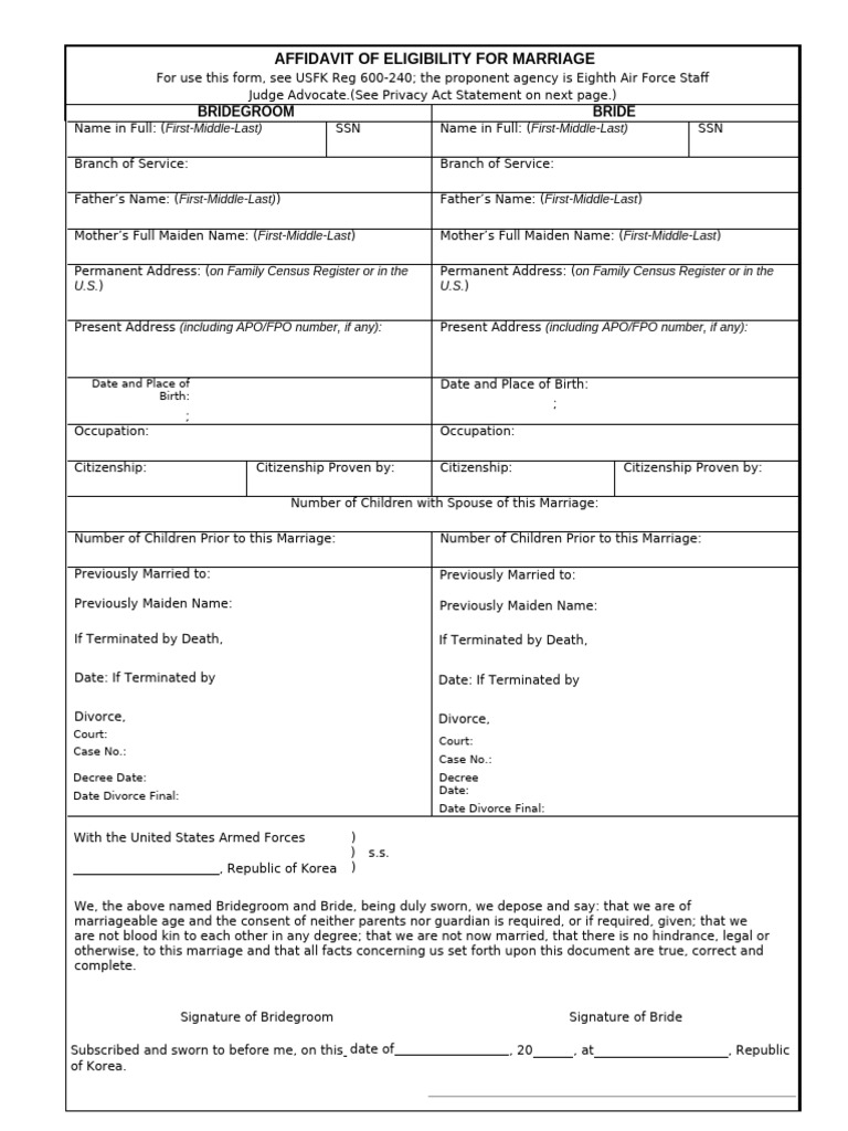 Marriage Eligibility Affidavit Form | PDF | Marriage | Justice