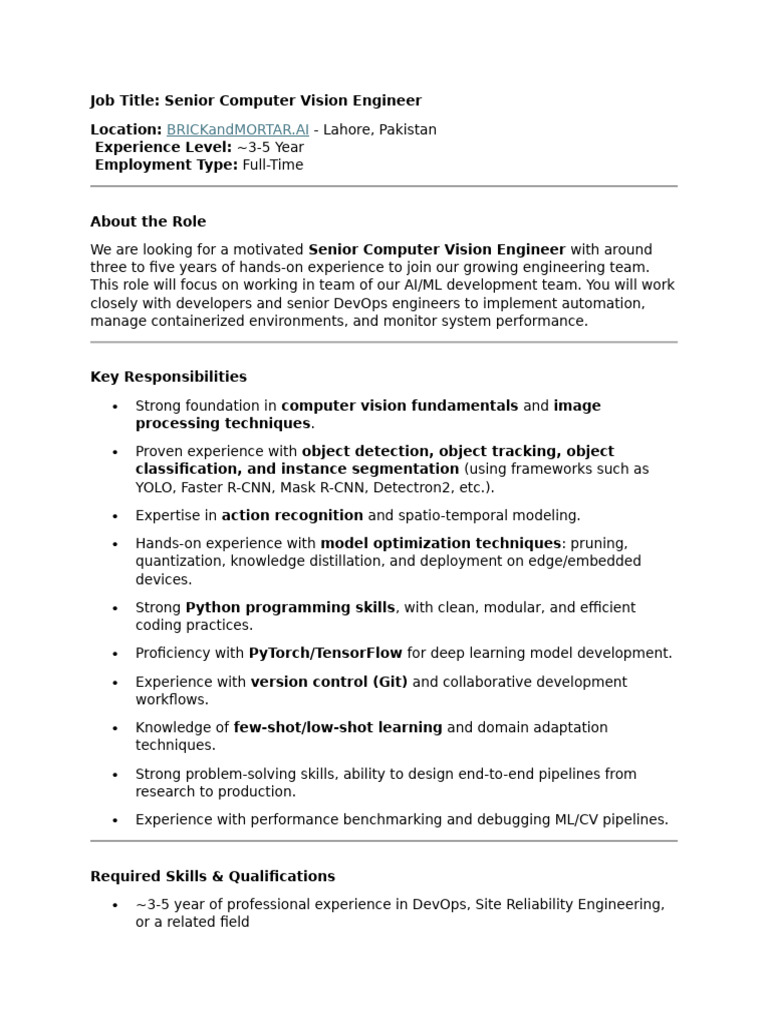 Senior Computer Vision Engineer Role | PDF