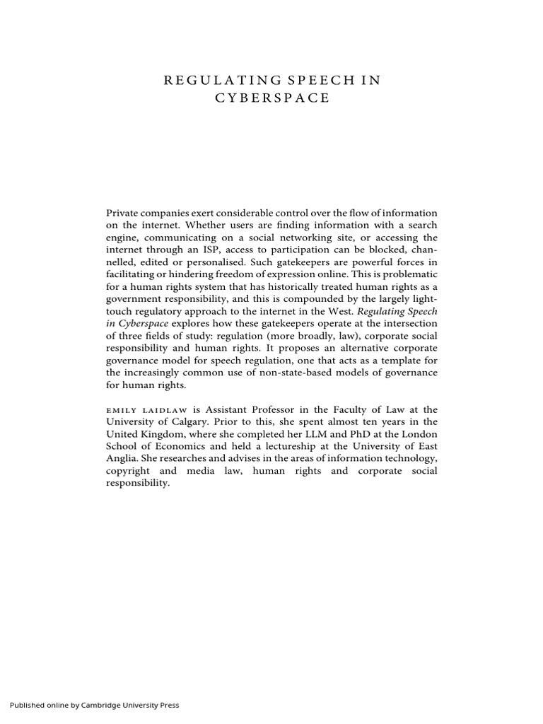 Regulating Speech in Cyberspace - Emily Laidlaw | PDF | Corporate ...