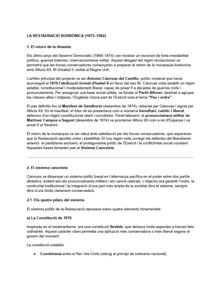 La Restauració Borbònica (1875-1902) | PDF