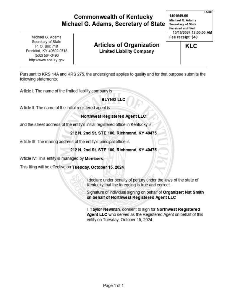 10-15-24 - KY - Formation Document - BLYNO LLC | PDF | Registered Agent ...