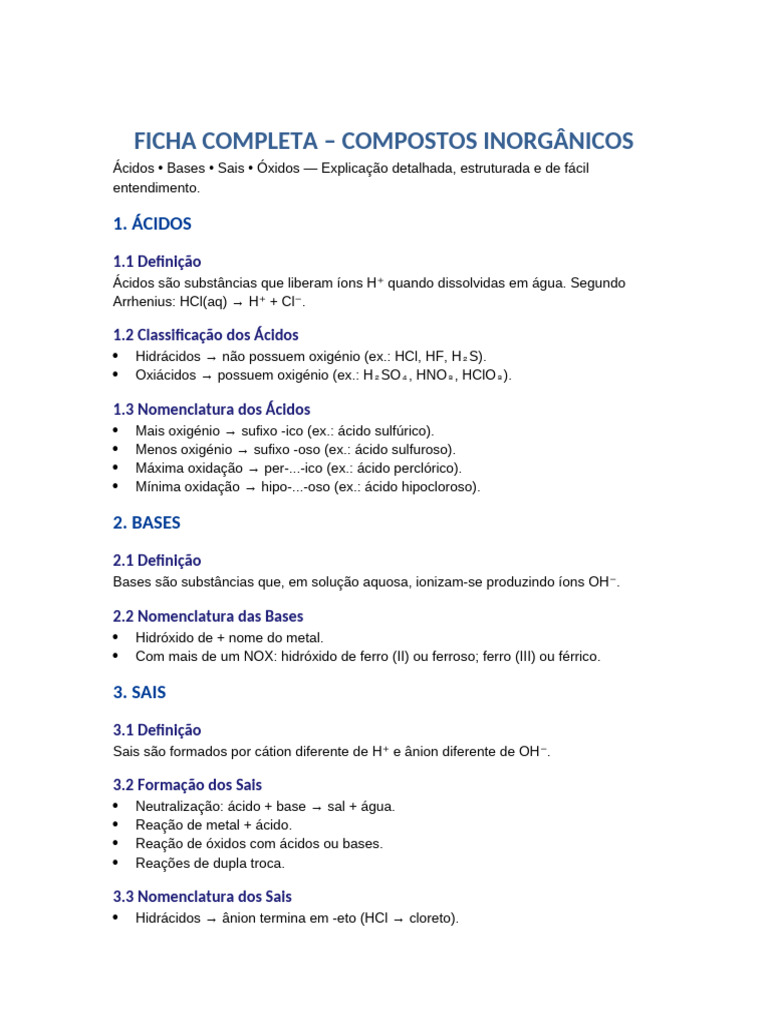Compostos Inorgânicos: Ácidos, Bases, Sais e Óxidos | PDF | Óxido | Sal ...
