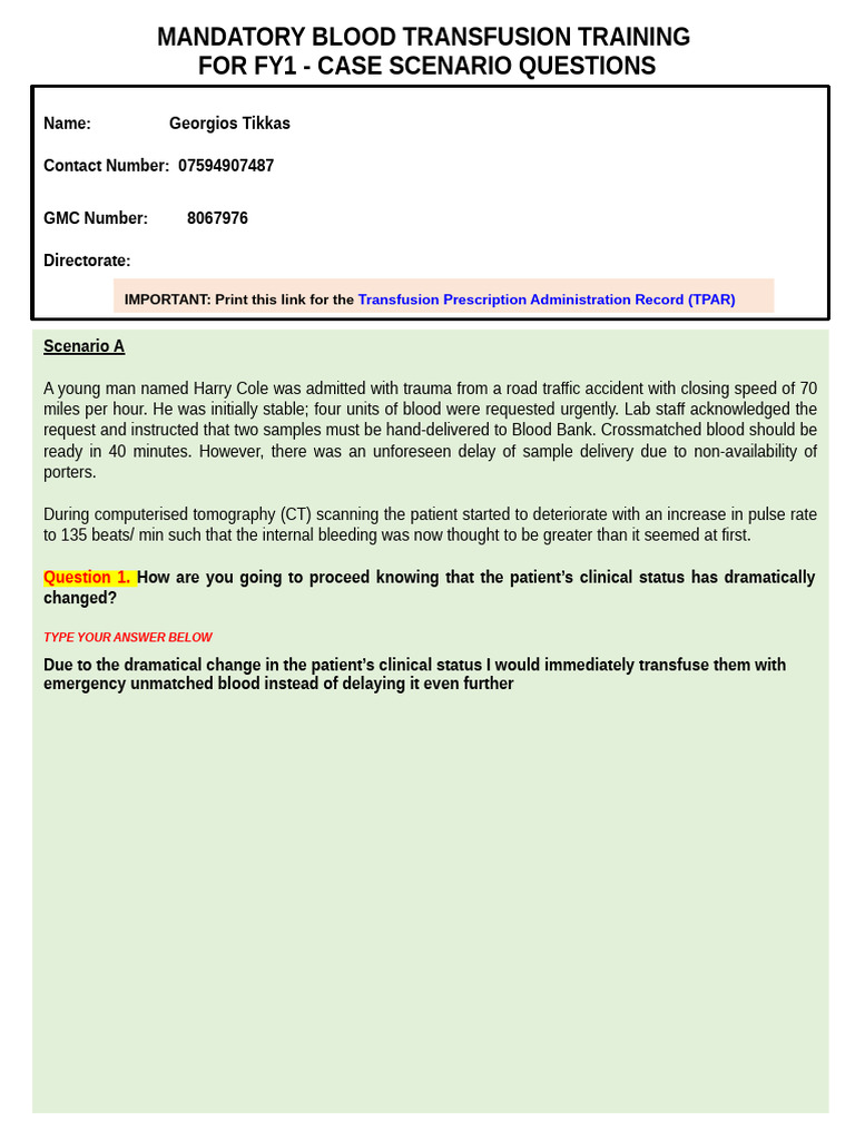 FY1 Case Scenario Completed | PDF | Blood Transfusion | Anemia