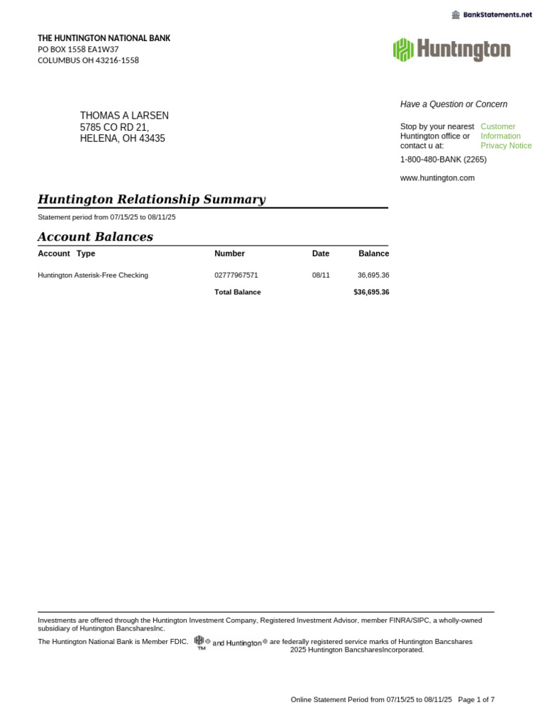 Huntington Bank Statement Summary | PDF | Banks | Debit Card