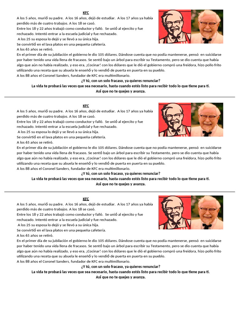 La Inspiradora Historia del Coronel Sanders | PDF