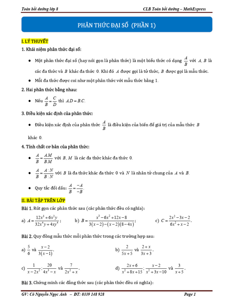 [Phiếu Bài. Bt8.2] Phân Thức Đại Số (Phần 1) | PDF