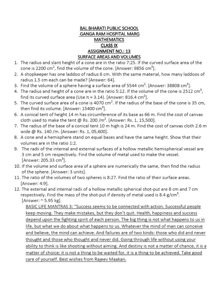 IX Math 13 Surface Areas Volumes | PDF | Sphere | Area