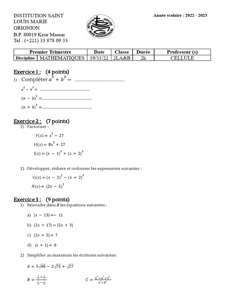 Exercice de mathématiques 2LA&B 2022-2023 | PDF
