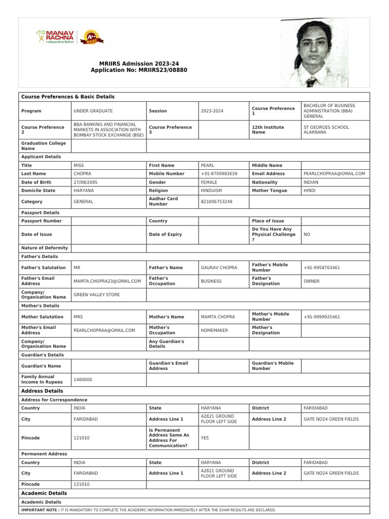 Application Form MRIIRS23 08880 | PDF | Student Assessment And ...