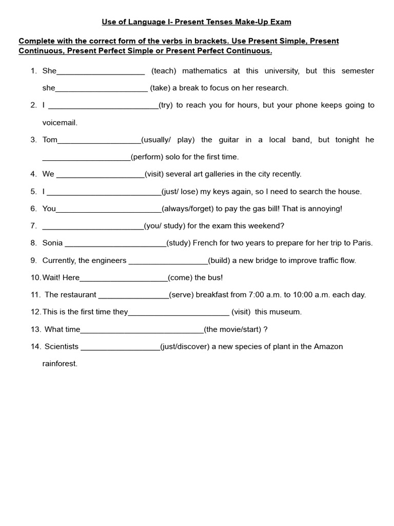 Present Tenses Make-Up Exam Worksheet | PDF