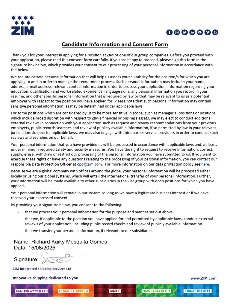 ZIM Candidate Consent Form | PDF | Résumé | Information
