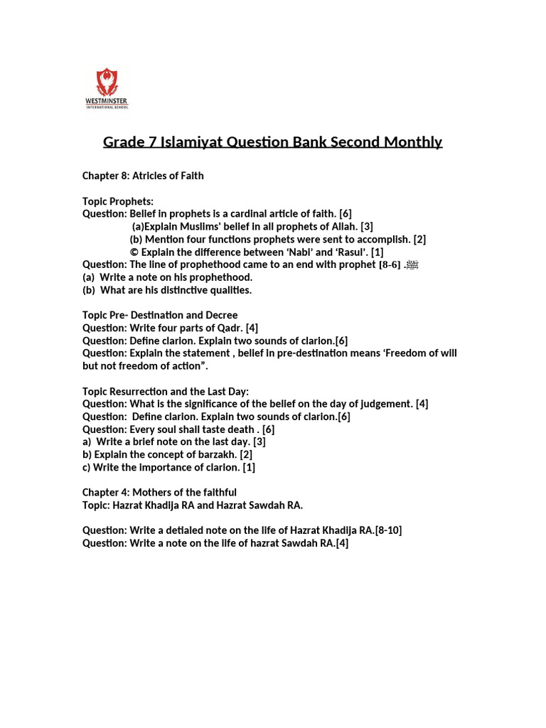 Grade 7 Islamiyat Question Bank | PDF
