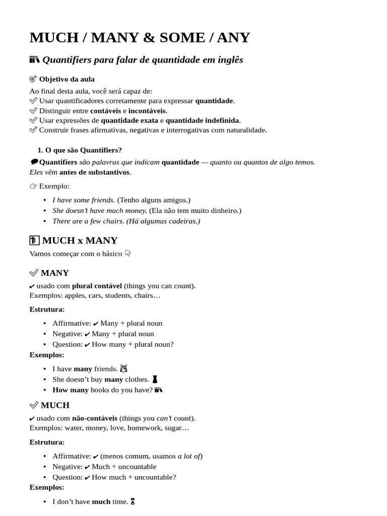 Quantifiers in English: Much, Many, Some, Any | PDF | Drink