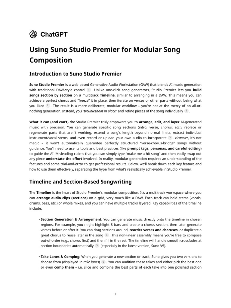 Using Suno Studio Premier for Modular Song Composition | PDF | Song Structure | Sound Production