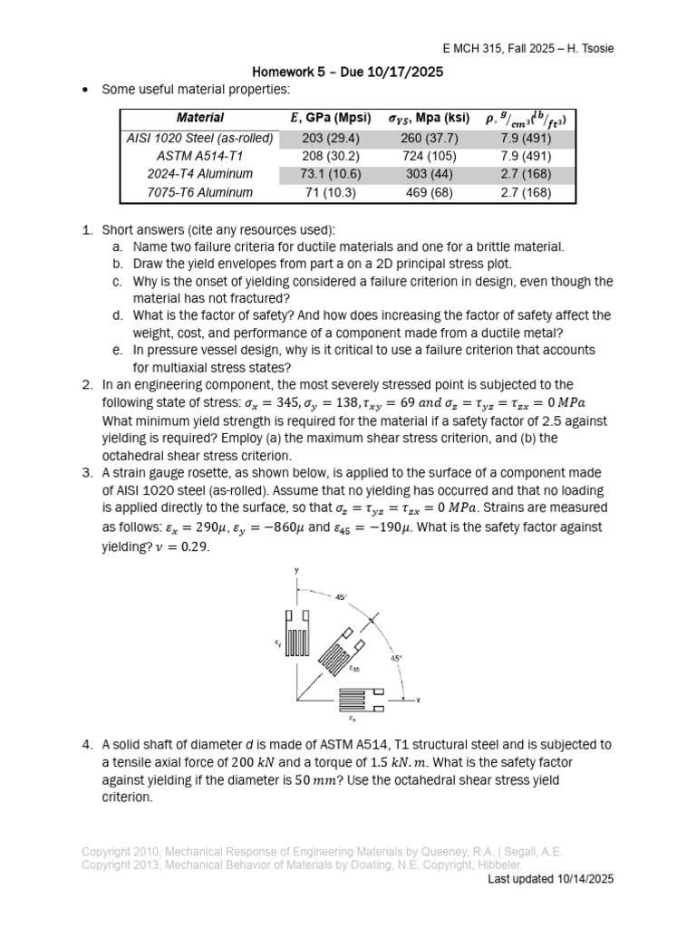 EMCH 315_Fall 2025_HW 5 | PDF | Fracture | Yield (Engineering)