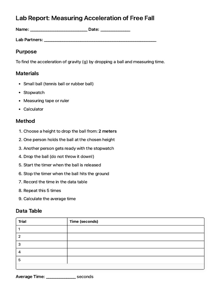 Measure Gravity: Free Fall Lab Report | PDF