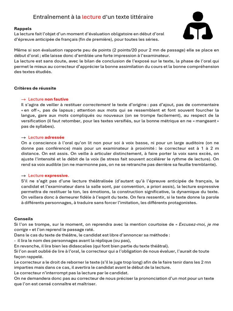 Guide de lecture pour l'oral de français | PDF