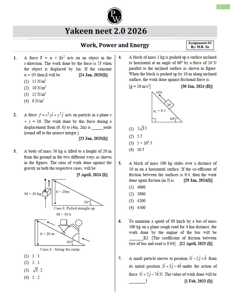 Work, Power, and Energy Problems 2026 | PDF | Force | Mass