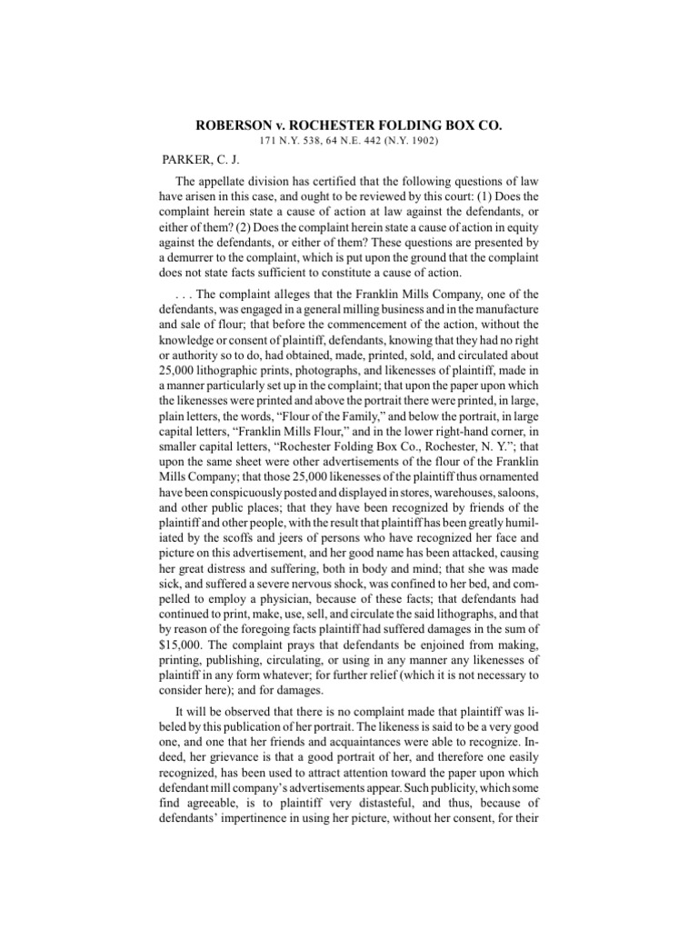 Roberson v. Rochester Folding Box Co. | PDF | Negligence | Damages