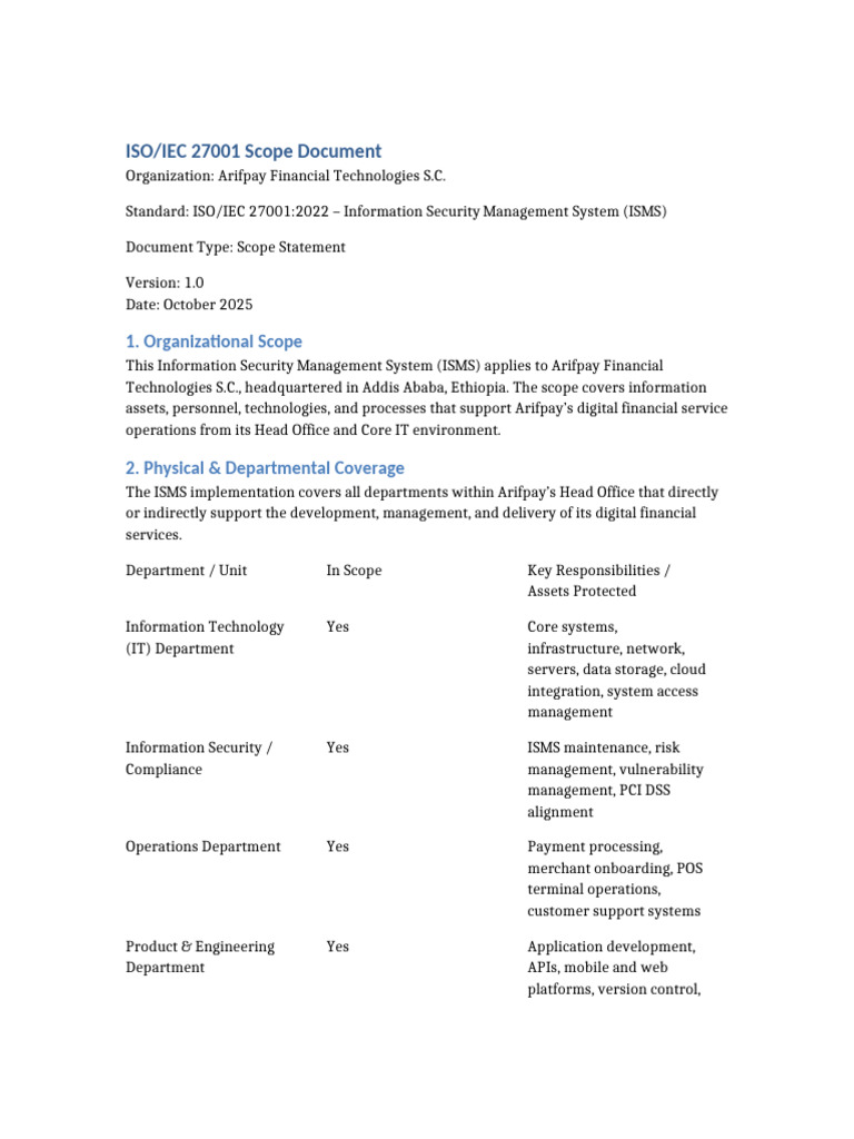 Arifpay ISO/IEC 27001 Scope Statement | PDF | Information Security ...