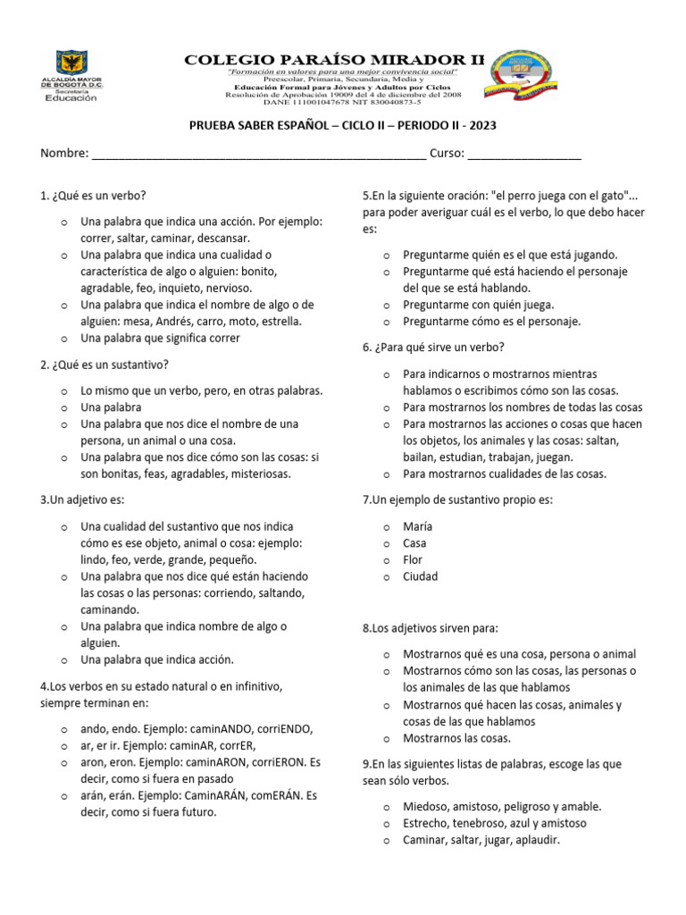 Prueba de Español: Verbos, Sustantivos y Adjetivos | PDF | Adjetivo ...