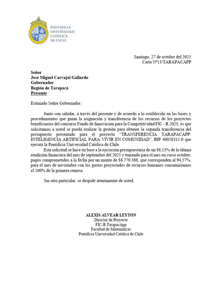 Carta 13 Solicitud Segunda Transferencia TAPP | PDF