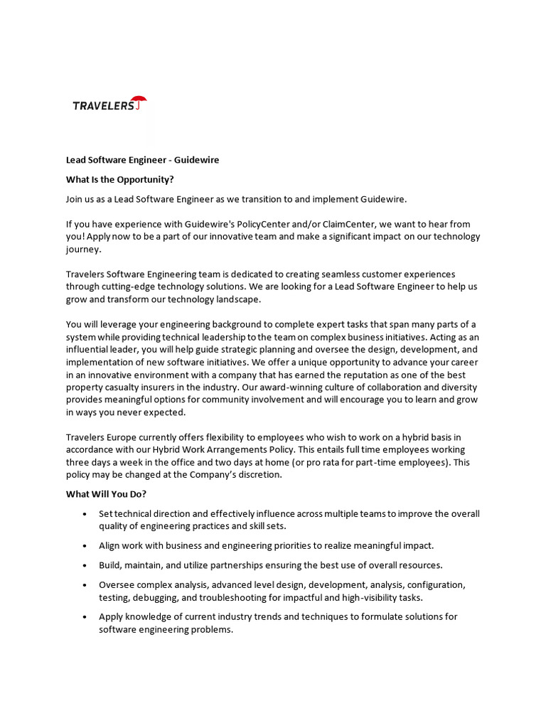 Travelers - Guidewire Lead Software Engineer | PDF | Leadership | Computer Programming