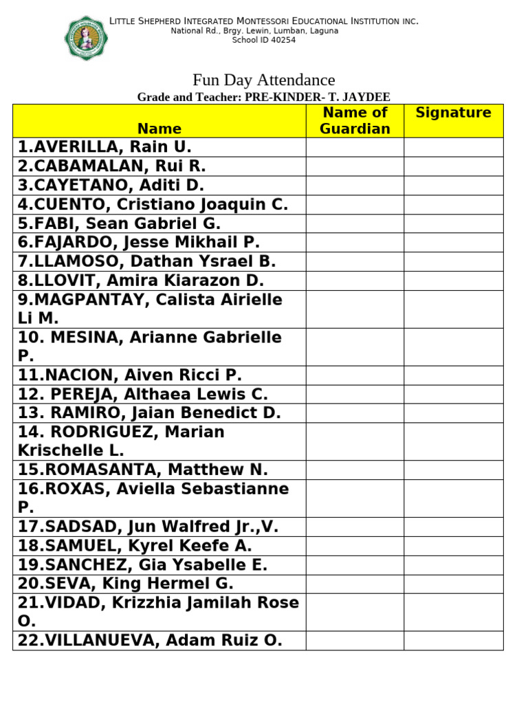 Pre-Kinder Fun Day Attendance List | PDF