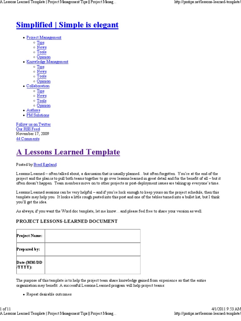 A Lessons Learned Template . | PDF | Project Management | Communication