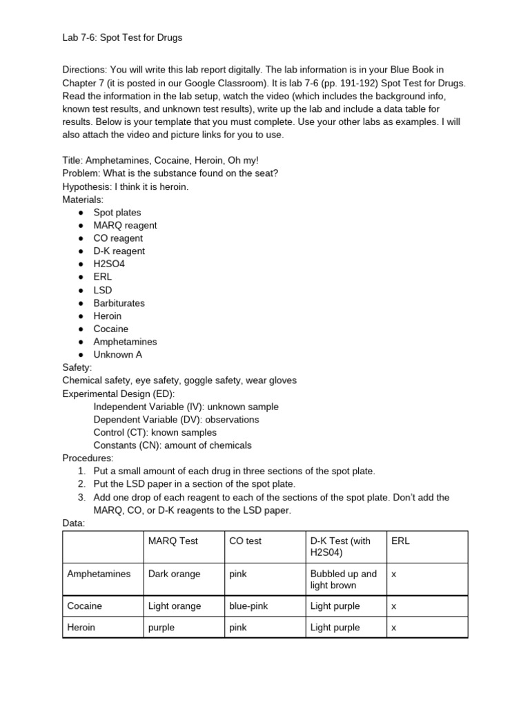 Lab 7-6 - Spot Test For Drugs | PDF | Psychoactive Drugs