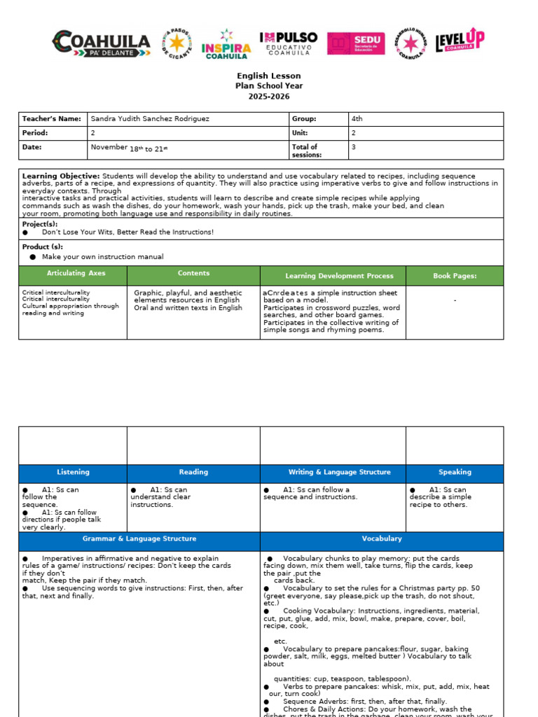 4th Grade English Lesson Plan: Recipes | PDF | English Language | Human ...