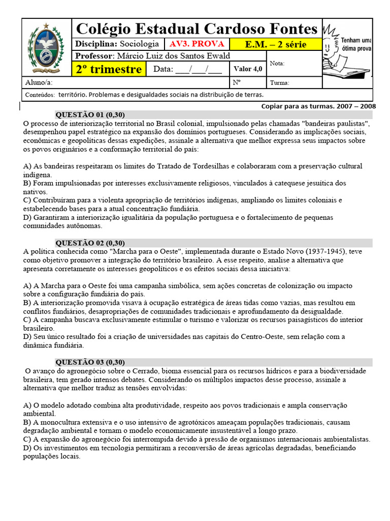Prova 2 série 2 Trim Sociologia - AV3 cardoso - prova - território sociedade | PDF | Favela | Brasil