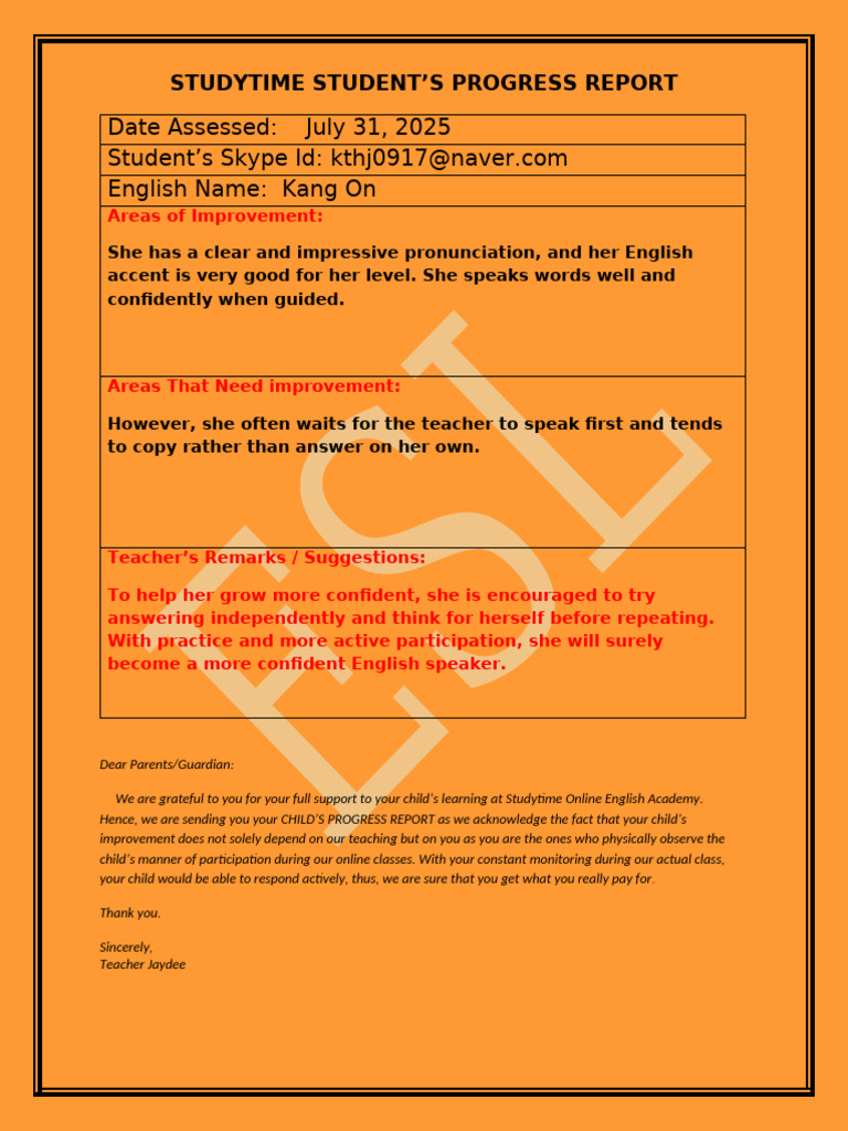 Kang On's English Progress Report | PDF