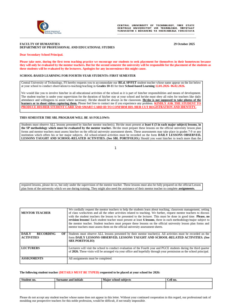 Guidelines for Student Teacher Placement | PDF | Teachers | Mentorship