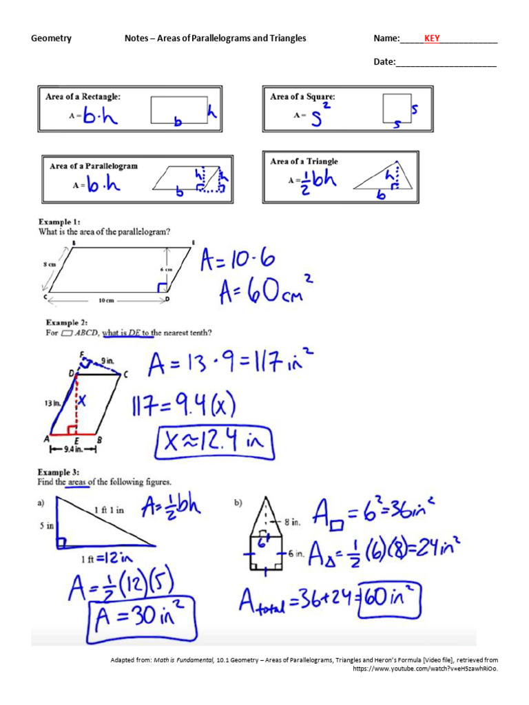 Geom Notes AreaParallelogramTriangle KEY | PDF