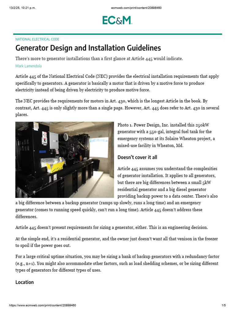Generator Installation Guidelines NEC 445 | PDF | Electric Generator ...