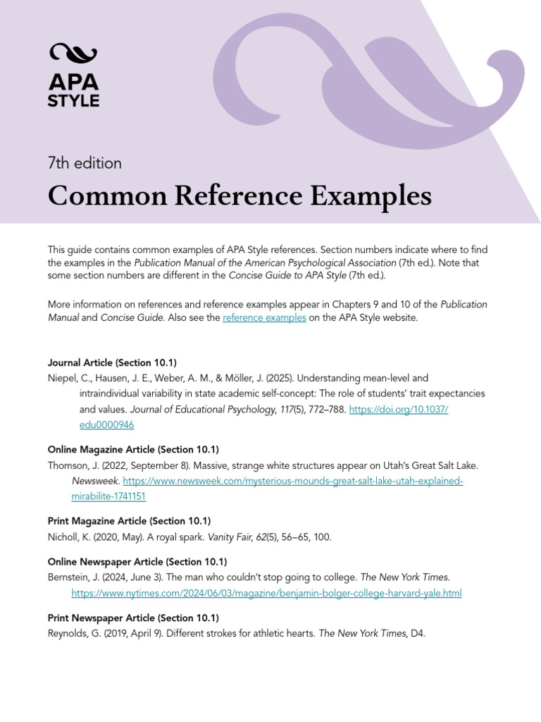 APA Style Common Reference Examples | PDF | American Psychological ...