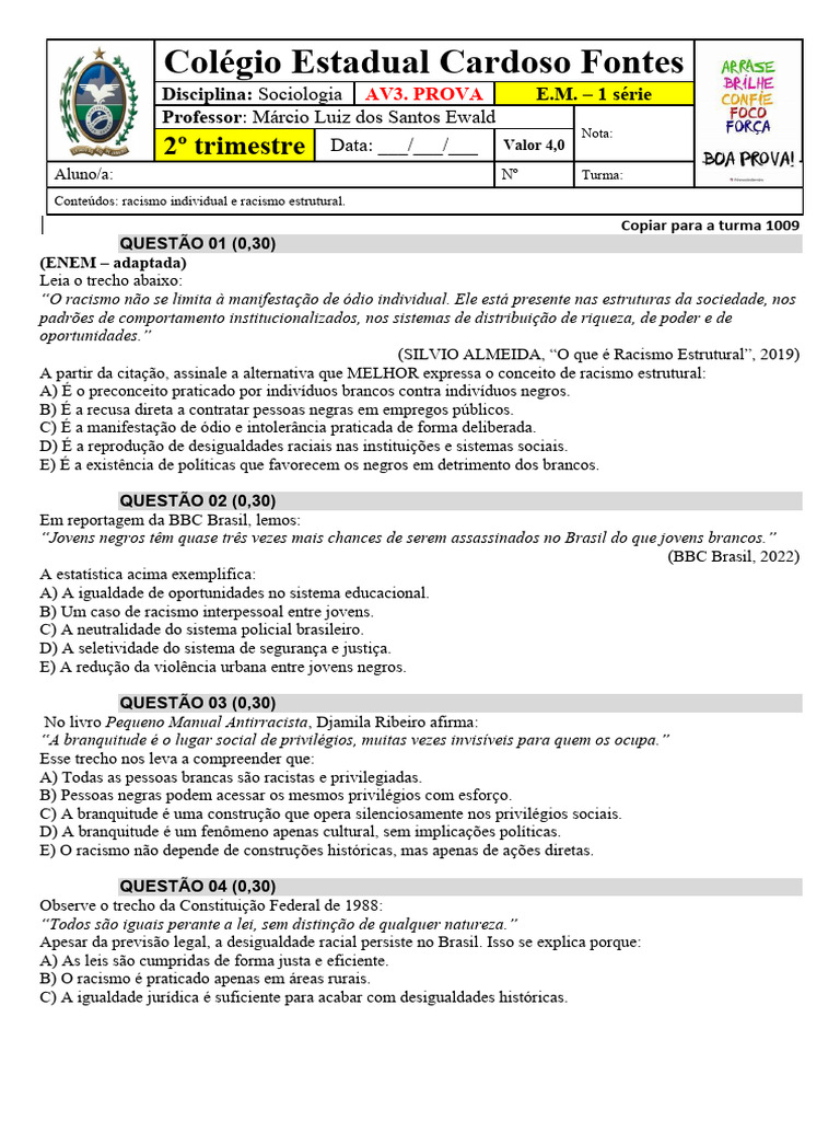 Prova 1 Série 2 Trim Sociologia - AV3 Cardoso - Prova - Racismo Individual e Estrutural | PDF ...
