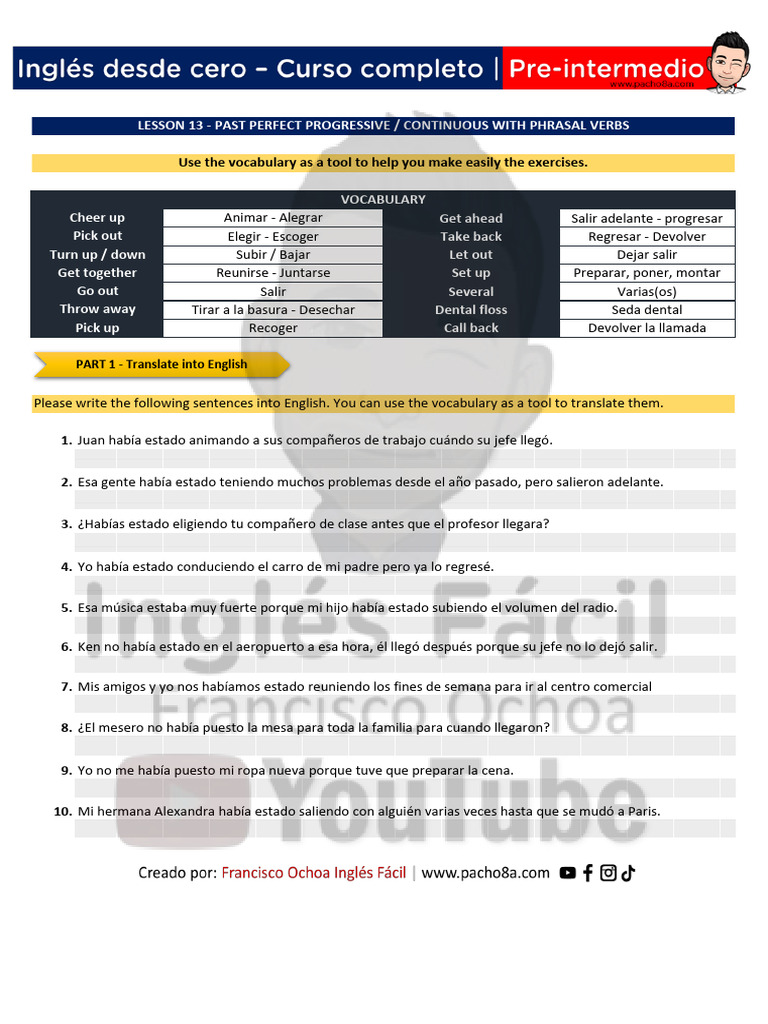 Lesson 13 - Pasado Perfecto Progresivo Con Phrasal Verbs | PDF