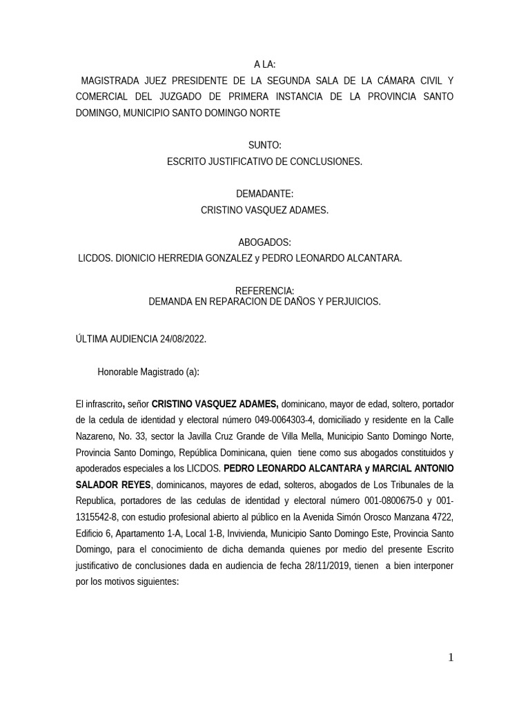 Escrito Justificativo de Conclusiones Dionicio | PDF | República Dominicana | Sentencia (ley)